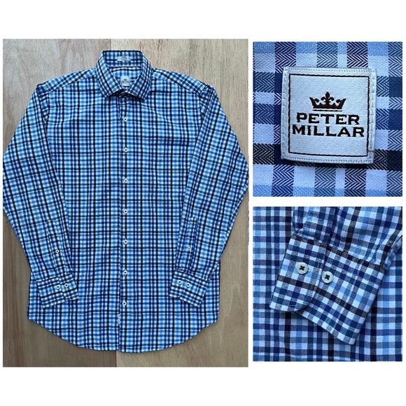 Peter Millar | Shirts | Peter Millar Mens Blue Black White Plaid Check Long Sleeve Button Up ...
